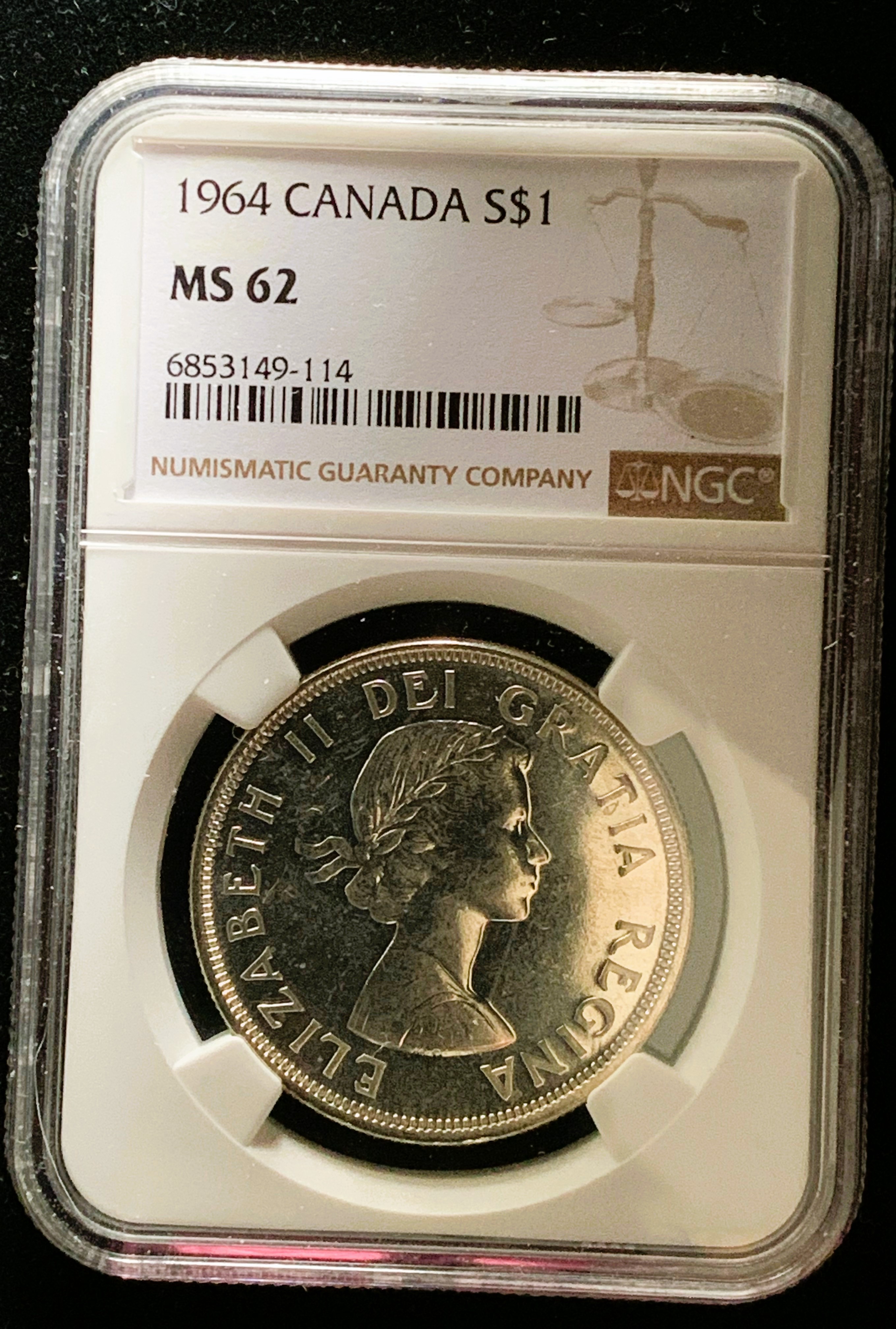 1964 CANADA $1 BIG SILVER DOLLAR COIN, NGC GRADED MS-62, IN THE SLAB ...