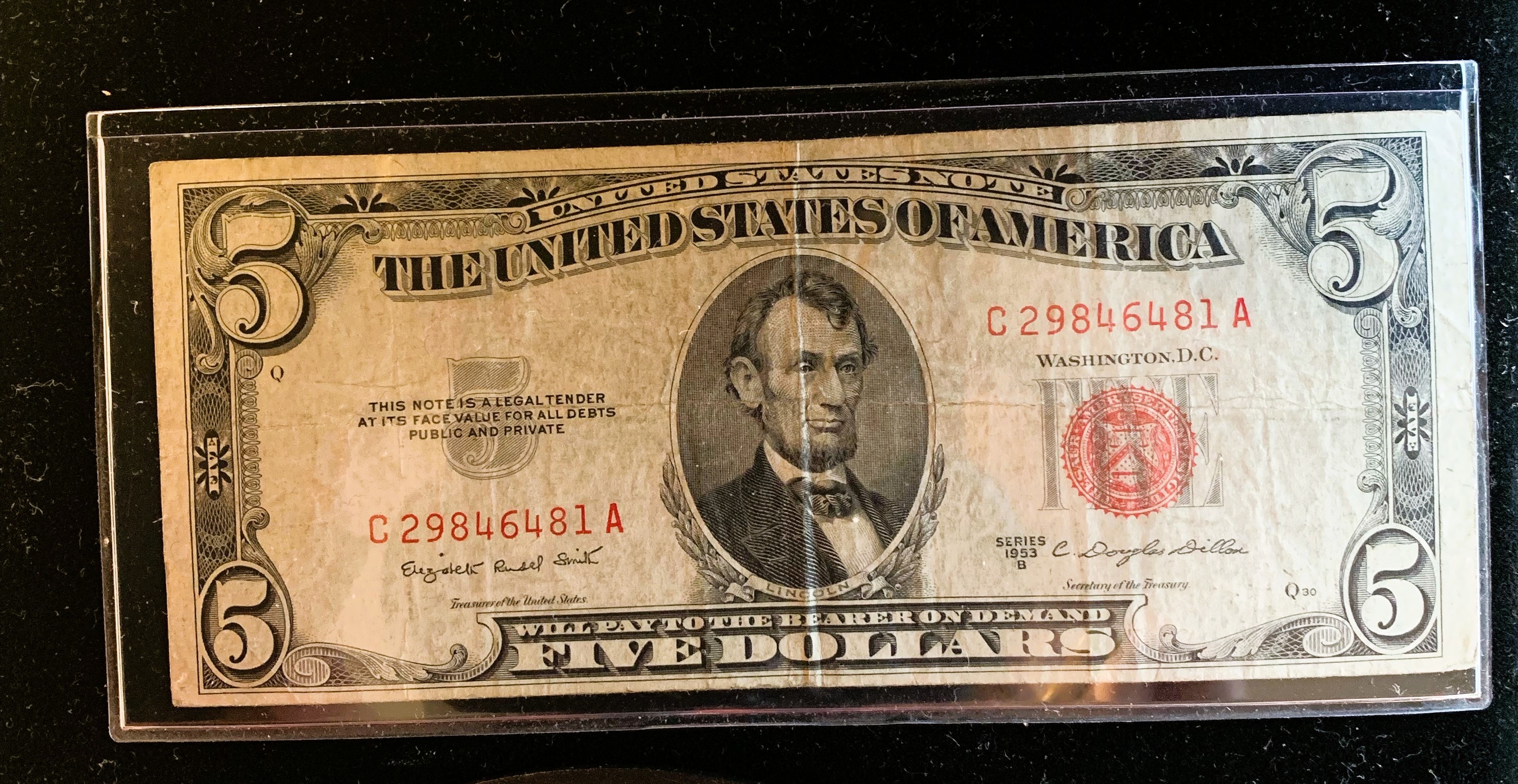 $5 DOLLAR NOTE, SERIES 1953 B RED STAMP , VG CONDITION IN SLEVE ...