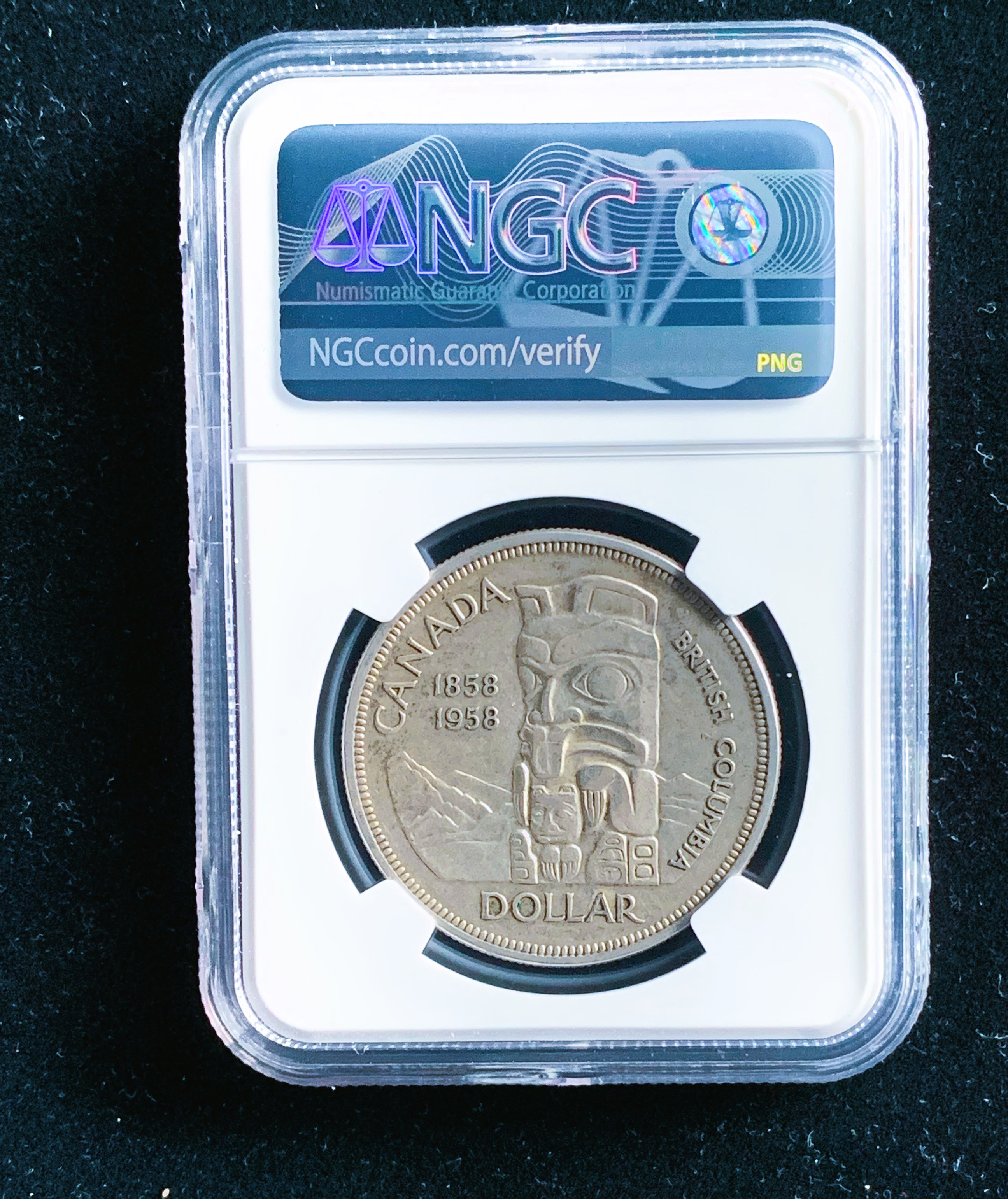 1958 CANADIAN SILVER DOLLAR COIN, NGC GRADED AU53 IN SLAB, 100 YEAR ...
