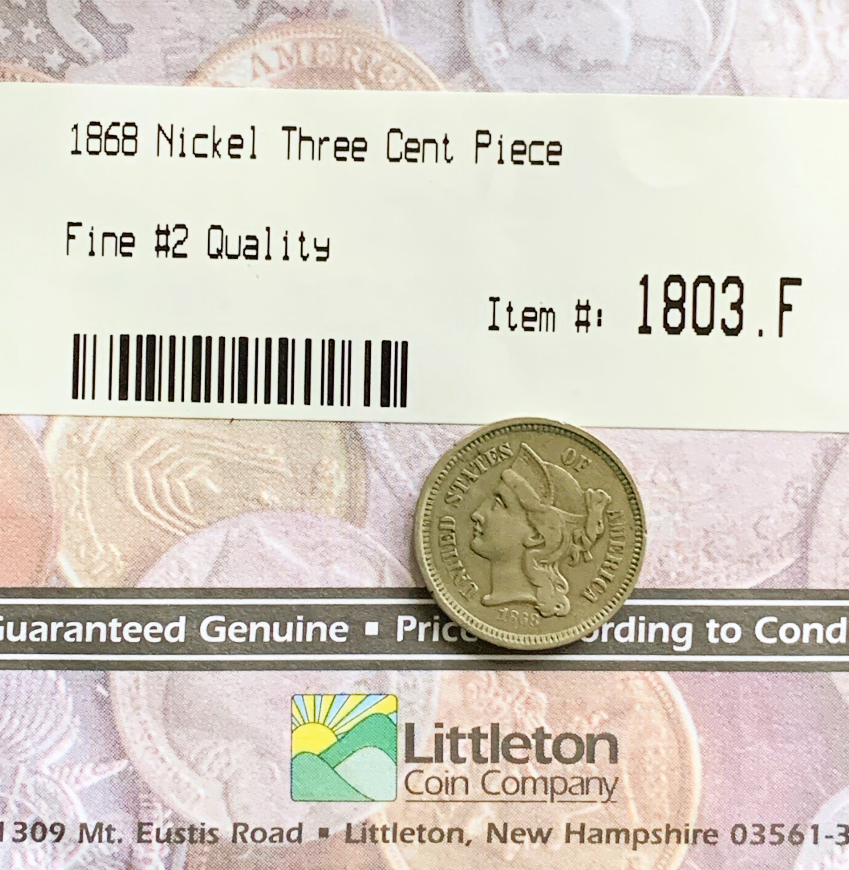 1868 3 CENT PIECE, FINE #2 COIN, NICE CONDITION WITH LOTS OF CLEAR ...