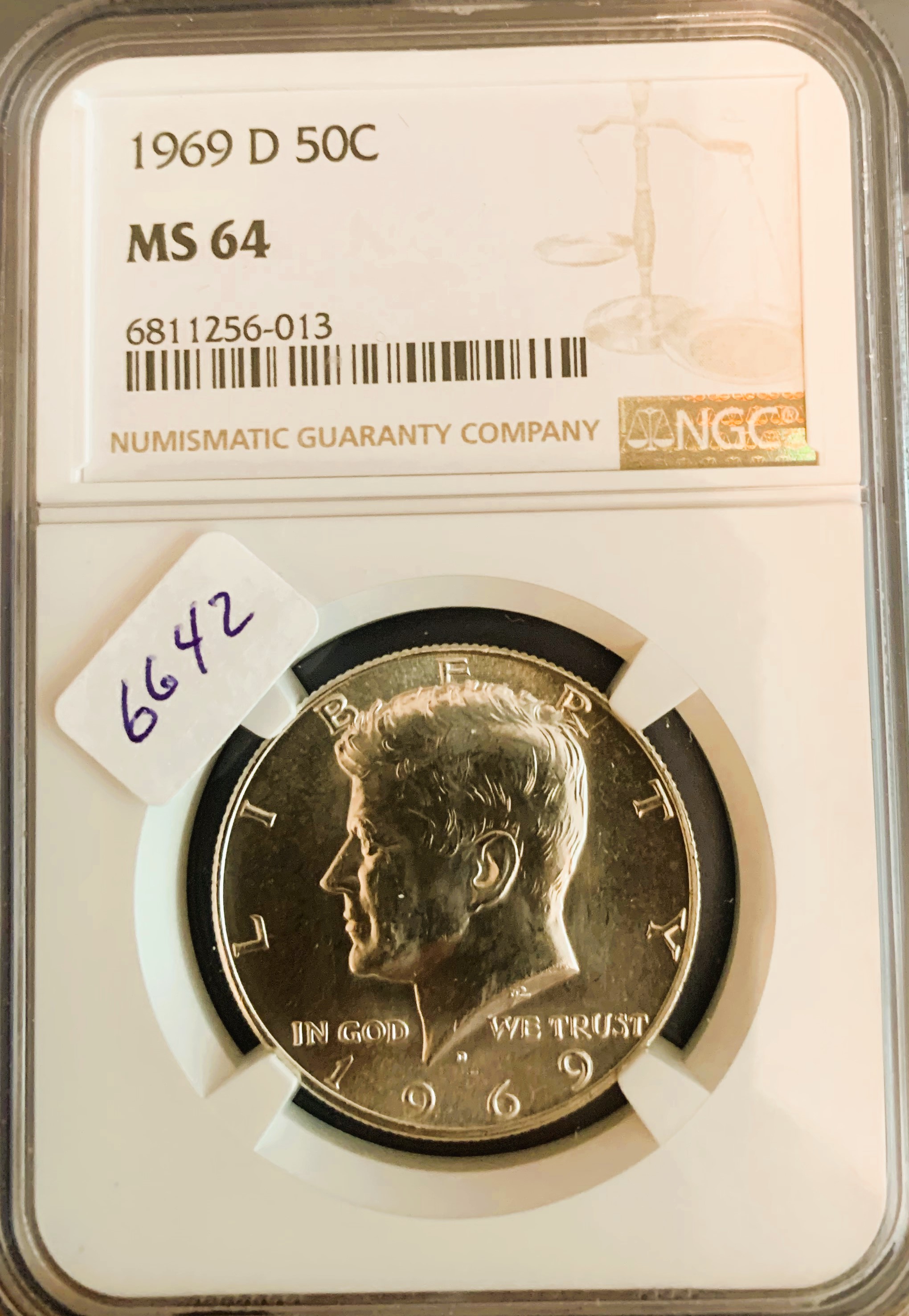 1969-D 50C SILVER KENNEDY NGC GRADED MS 64, BRIGHT LUSTER COIN IN THE ...