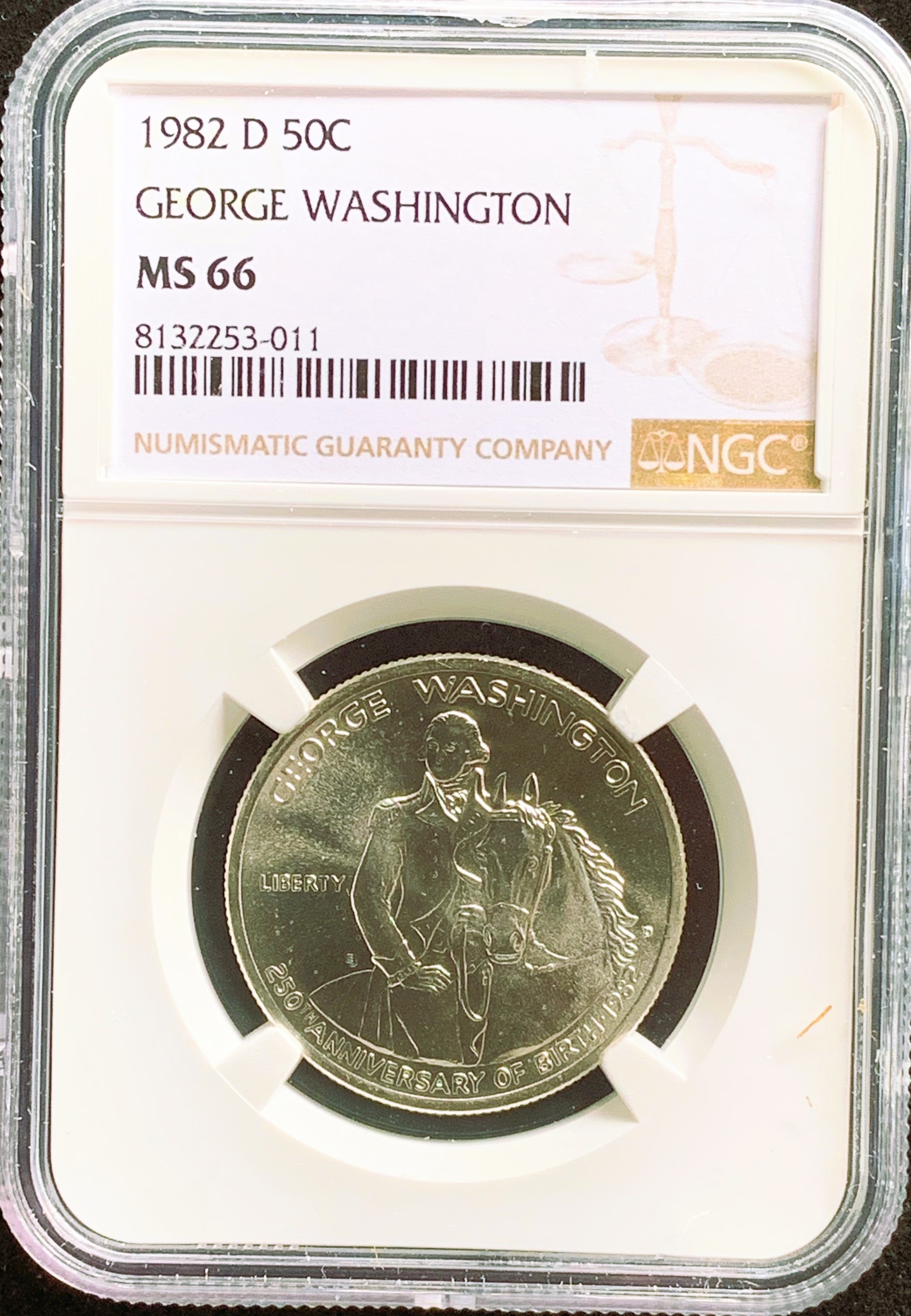 1982 D GEORGE WASHINGTON 50C, NGC GRADED MS 66 IN THE SLAB, BU ...