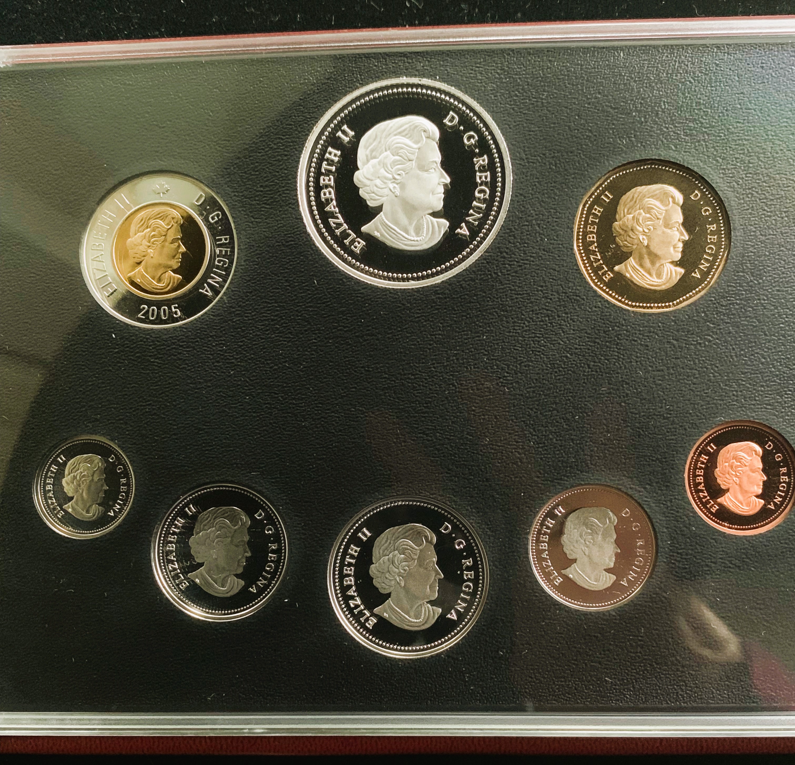 2005 SILVER PROOF SET OF CANADIAN COINAGE, 6 OF 8 COINS .999 OR .925 ...