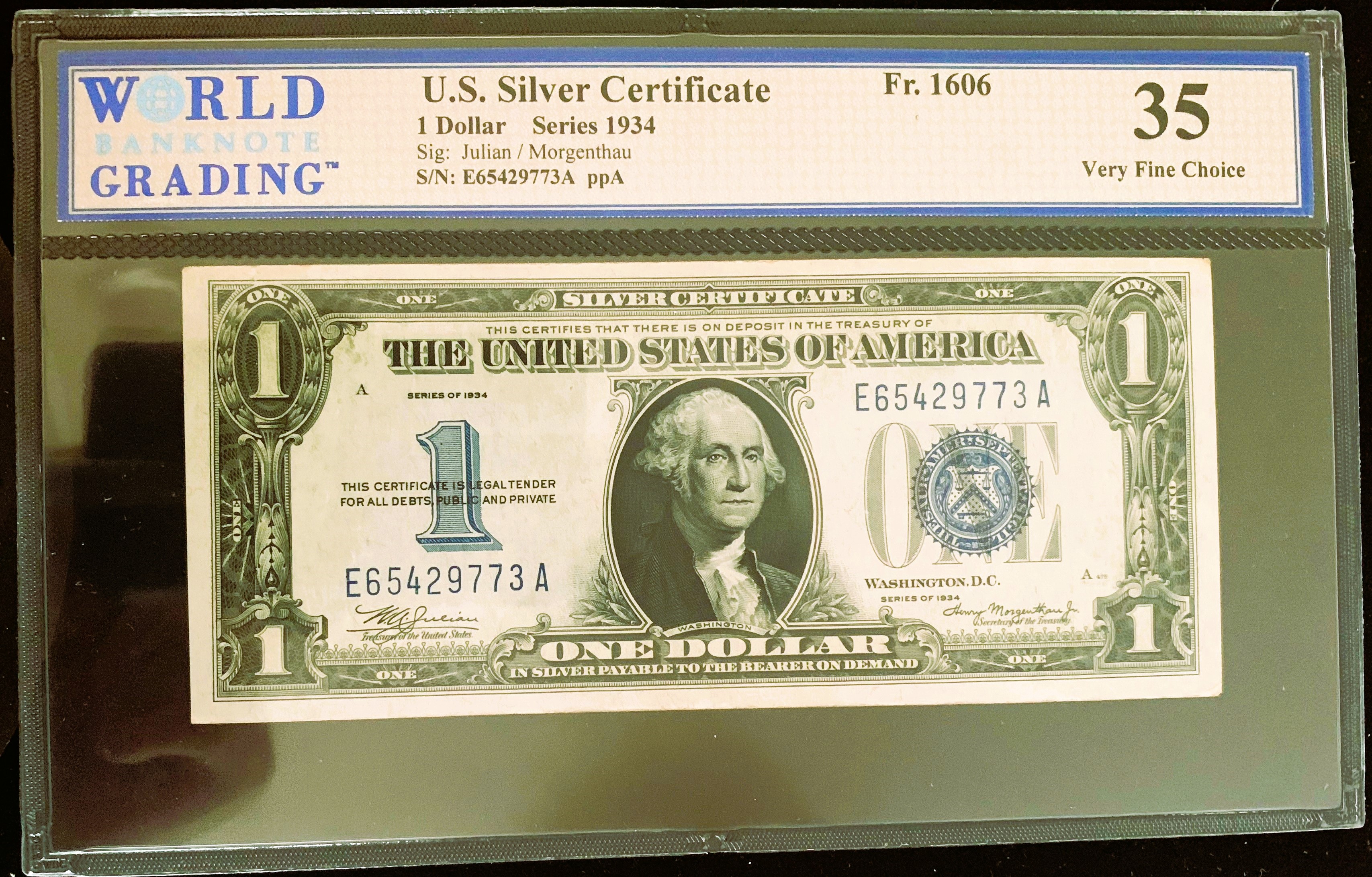 1934 SERIES SILVER CERTIFICATE, WORLD BANKNOTE GRADED 35 VERY FINE ...
