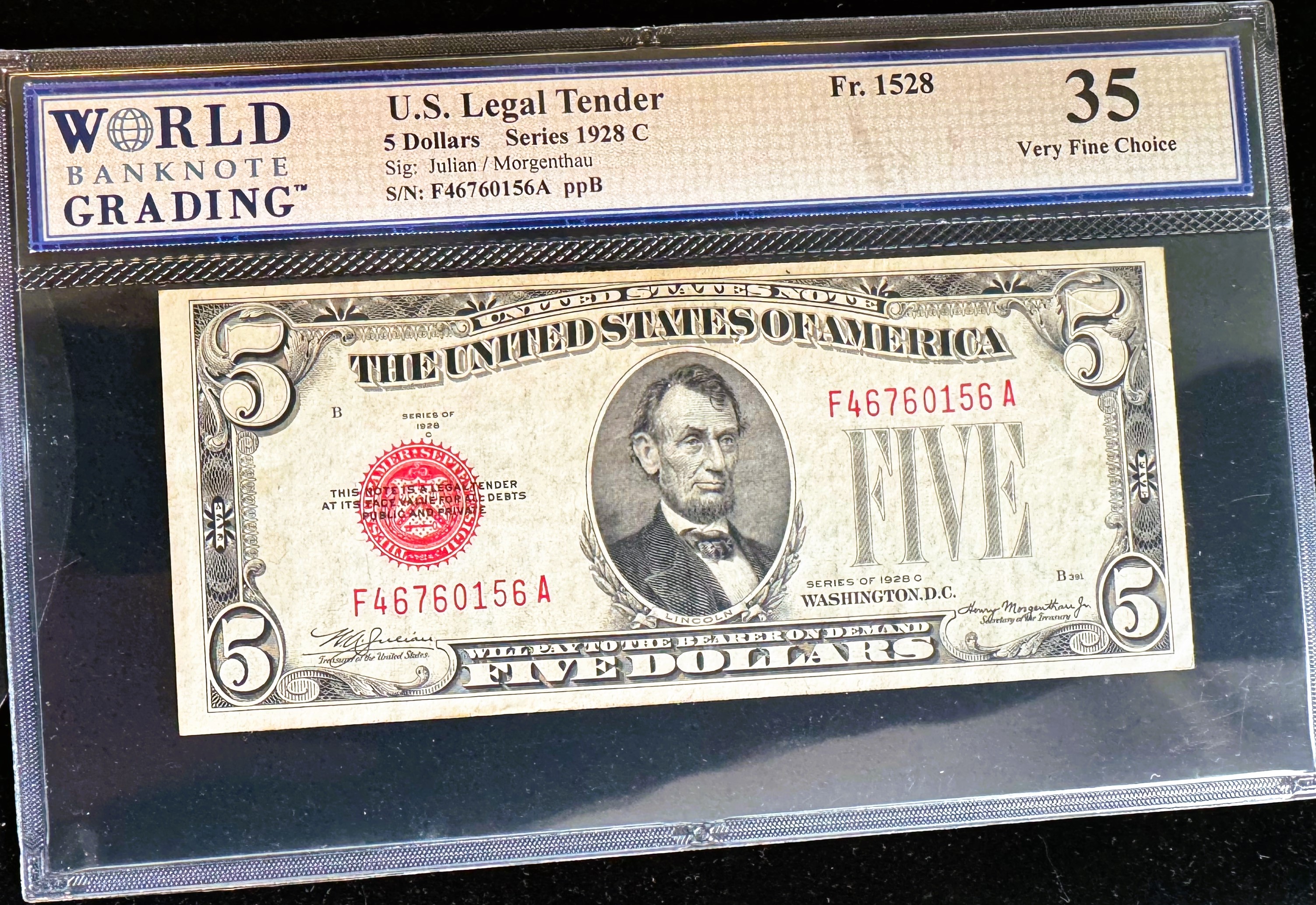 1928-C SERIES $5 DOLLARS US LEGAL TENDER NOTE, WBG GRADED/CERTIFIED ...