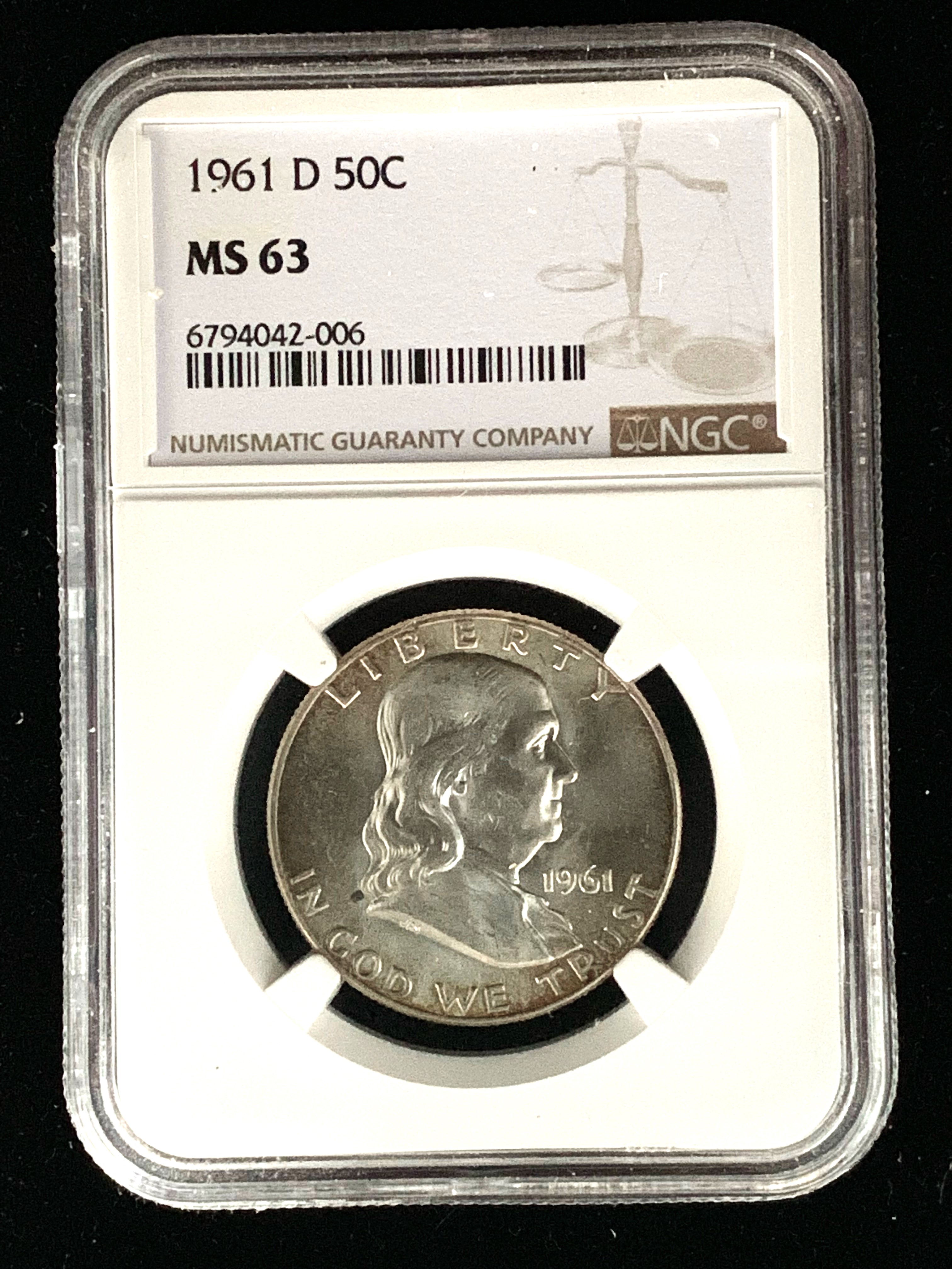 1961-D FRANKLIN HALF NGC GRADED MS 63 LIGHT TONNING SILVER REALLY NICE ...