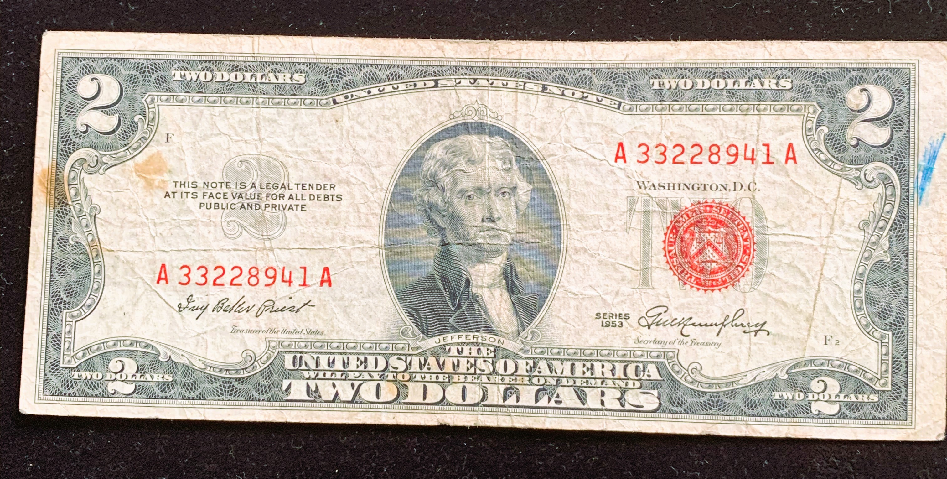 $2 DOLLAR 1953 SERIES UNITED STATES NOTE "RED SEAL" IN SLEVE | Property ...