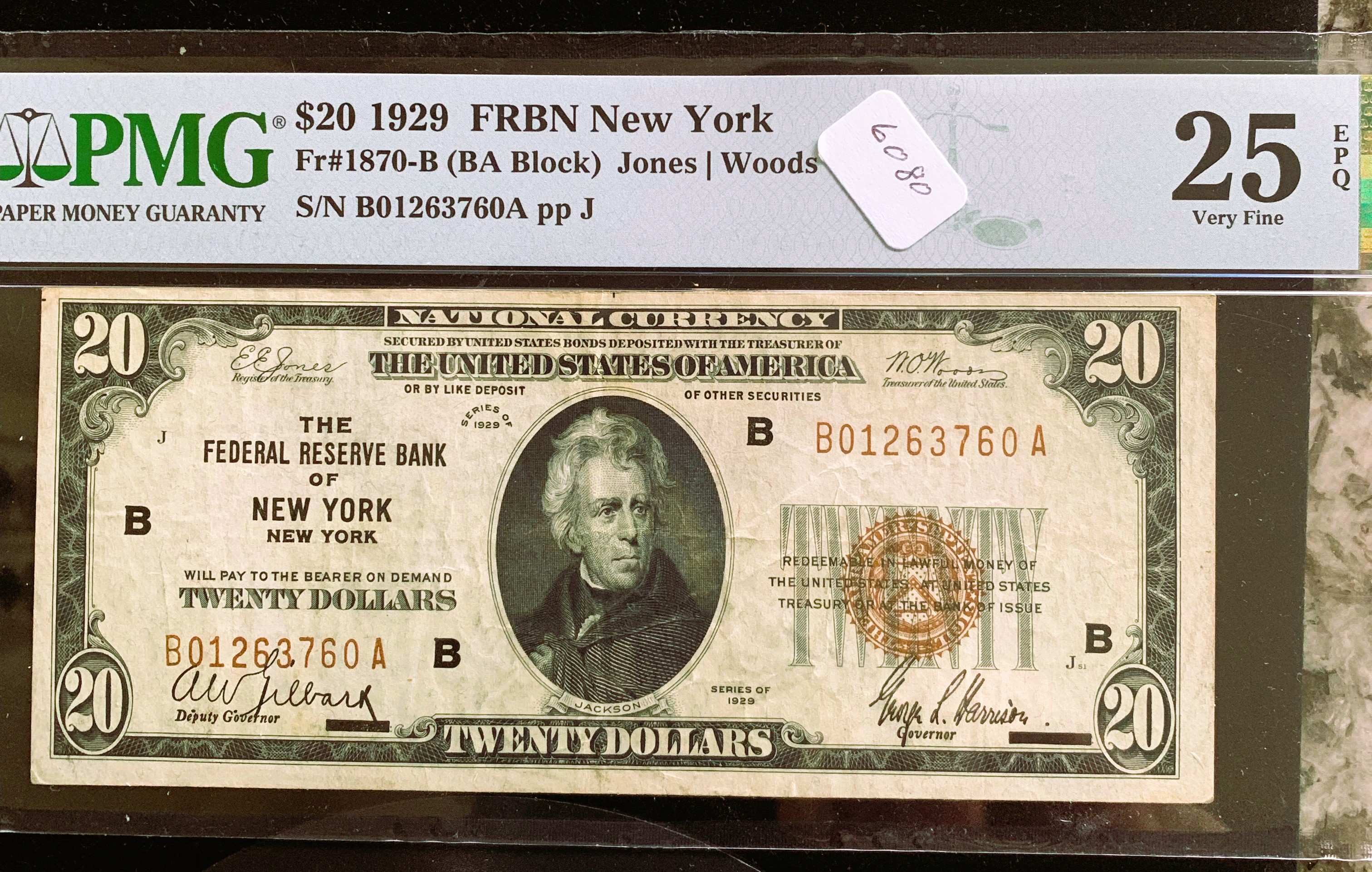 1929 SERIES $20 DOLLAR FRNB NEW YORK, PMG GRADED 25 VERY FINE, BROWN ...
