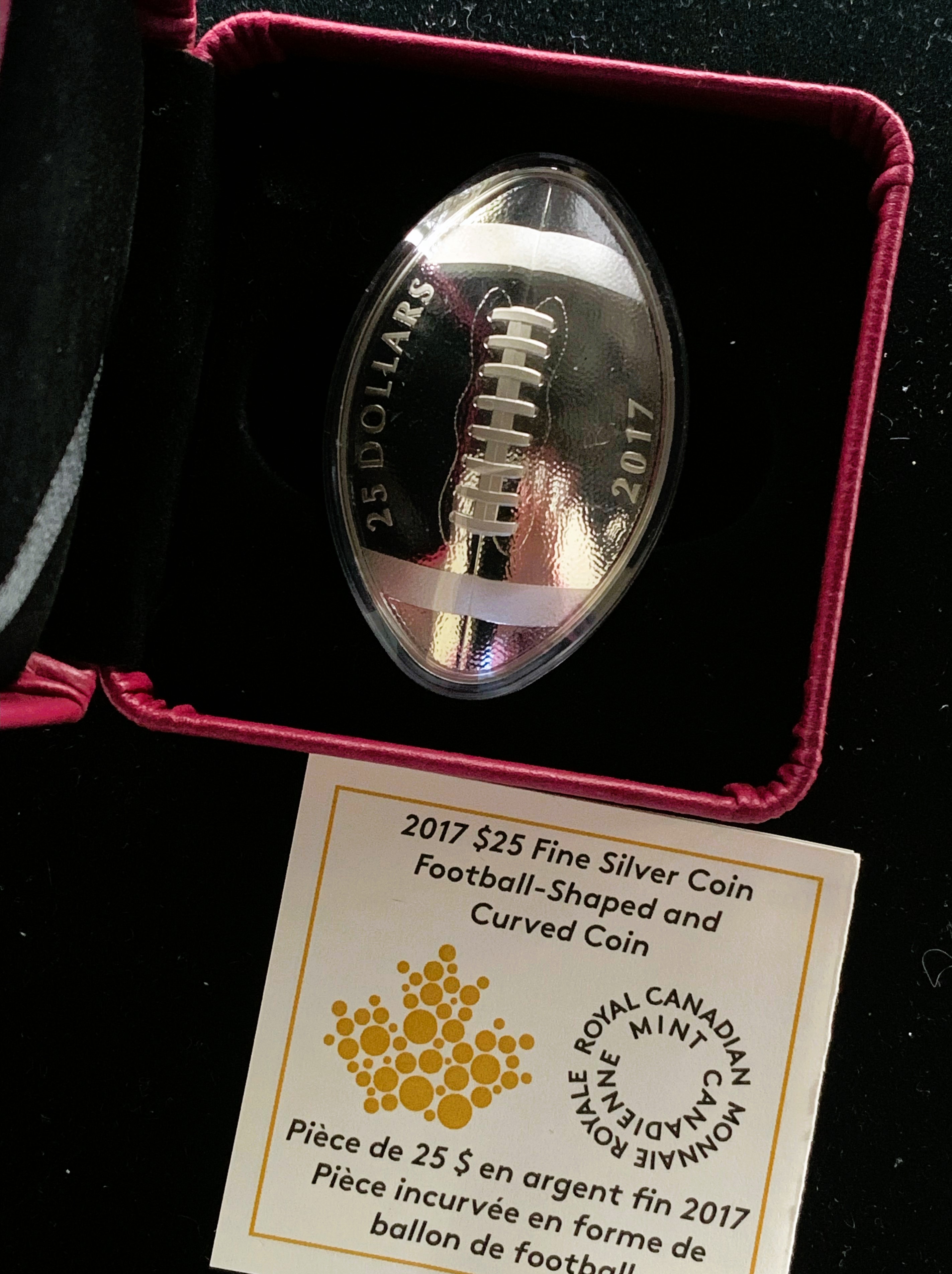 2017 FOOTBALL CURVED SHAPE $25 DOLLAR PROOF CANADA COIN, PURE 1oz ...