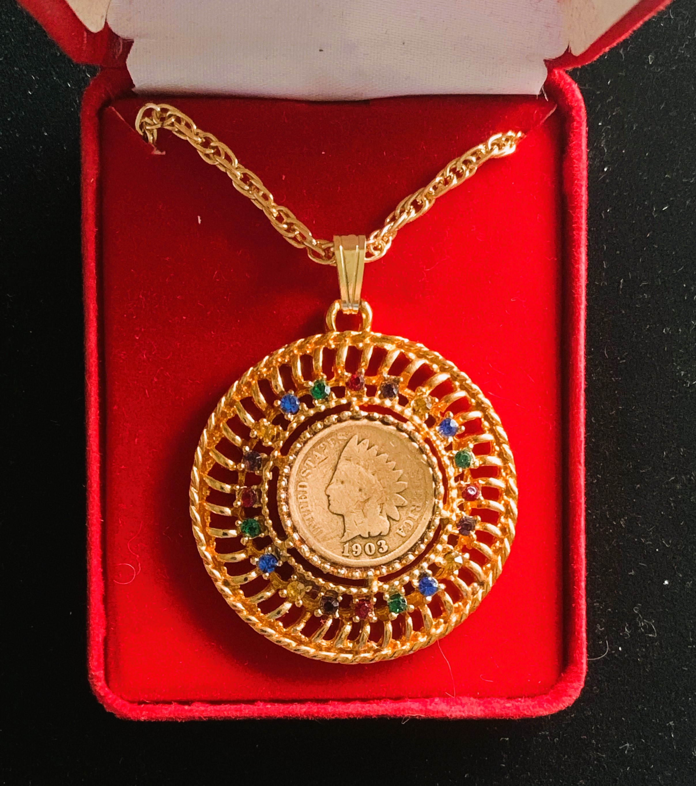 1903 INDIAN HEAD CENT IN A NON-SILVER 24" NECKLACE & PENDANT JEWELRY ...