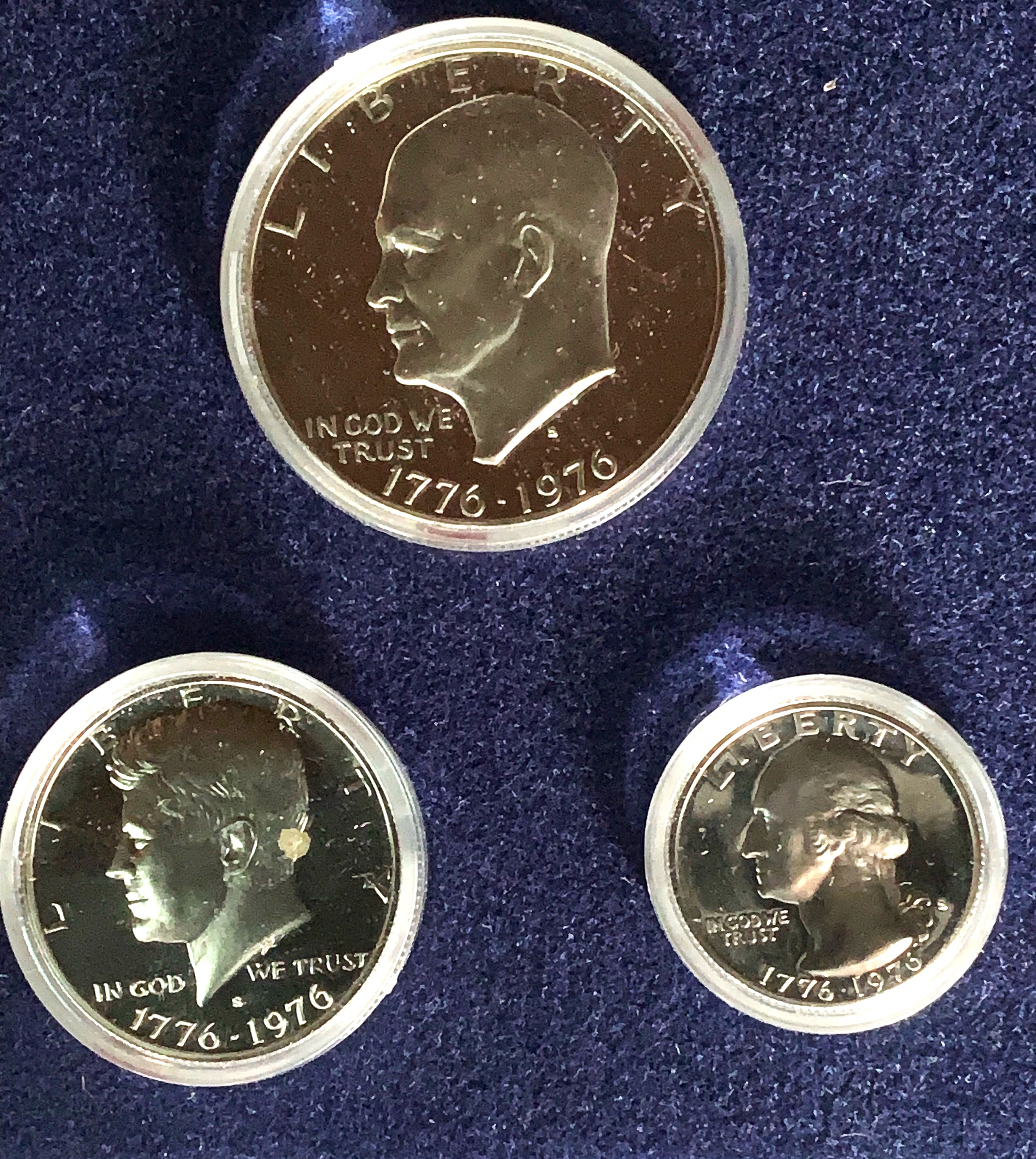U.S BICENTENNIAL SILVER PROOF SET 3 COINS ALL SILVER PROOFS IN ORIG GOV ...