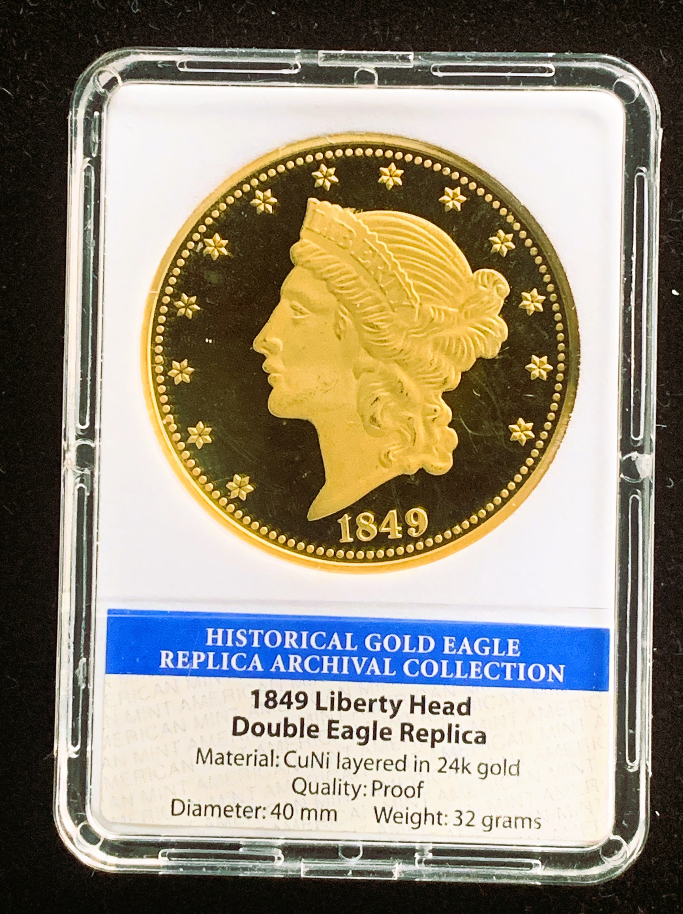 1849 LIBERTY HEAD DOUBLE EAGLE REPLICA , 24K GOLD LAYERED QUALITY PROOF COIN AMERICAN MINT IN ...