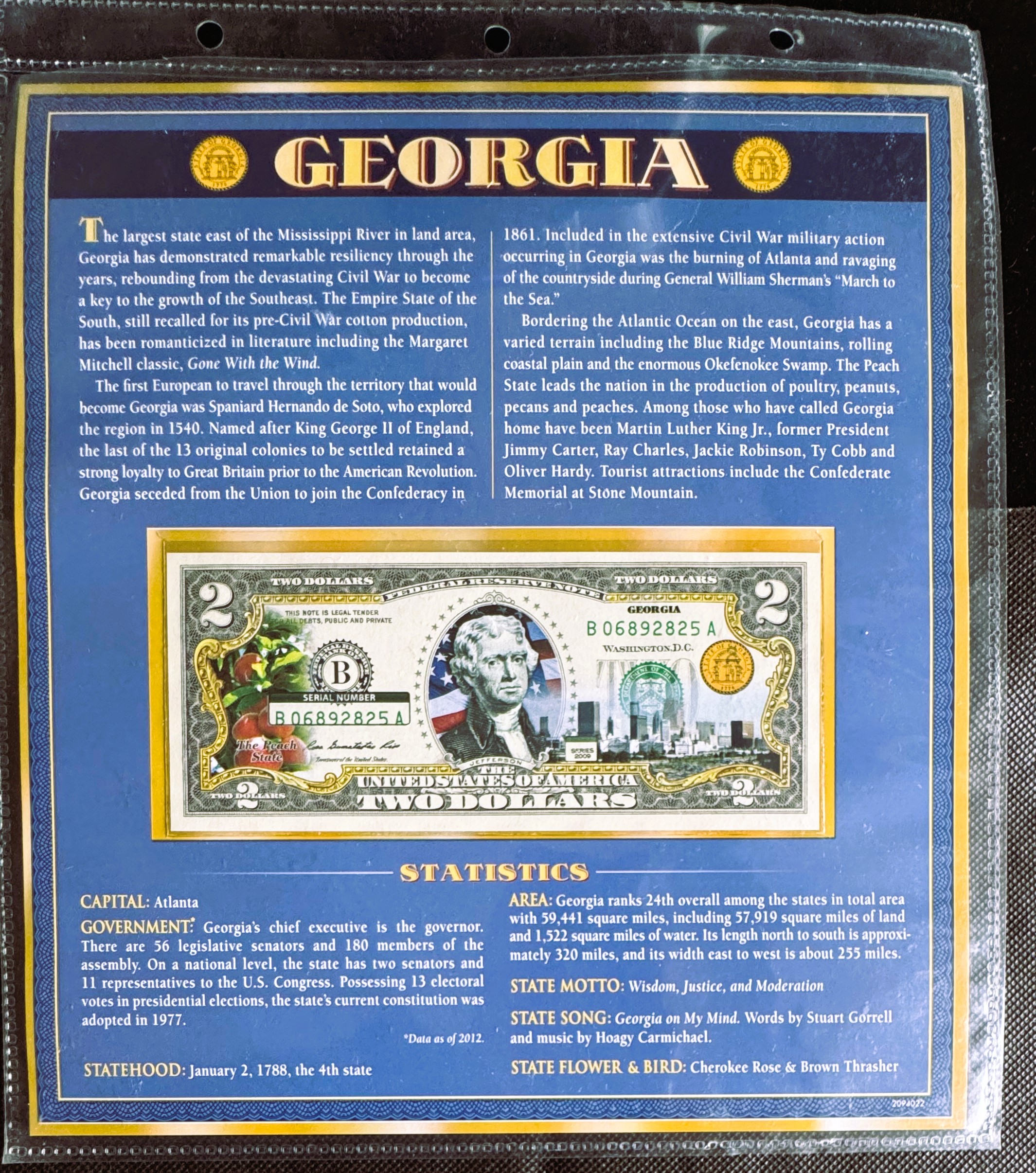 GEORGIA COLORIZED $2 DOLLAR FEDERAL RESERVE NOTE, LEGAL TENDER, CRISP ...