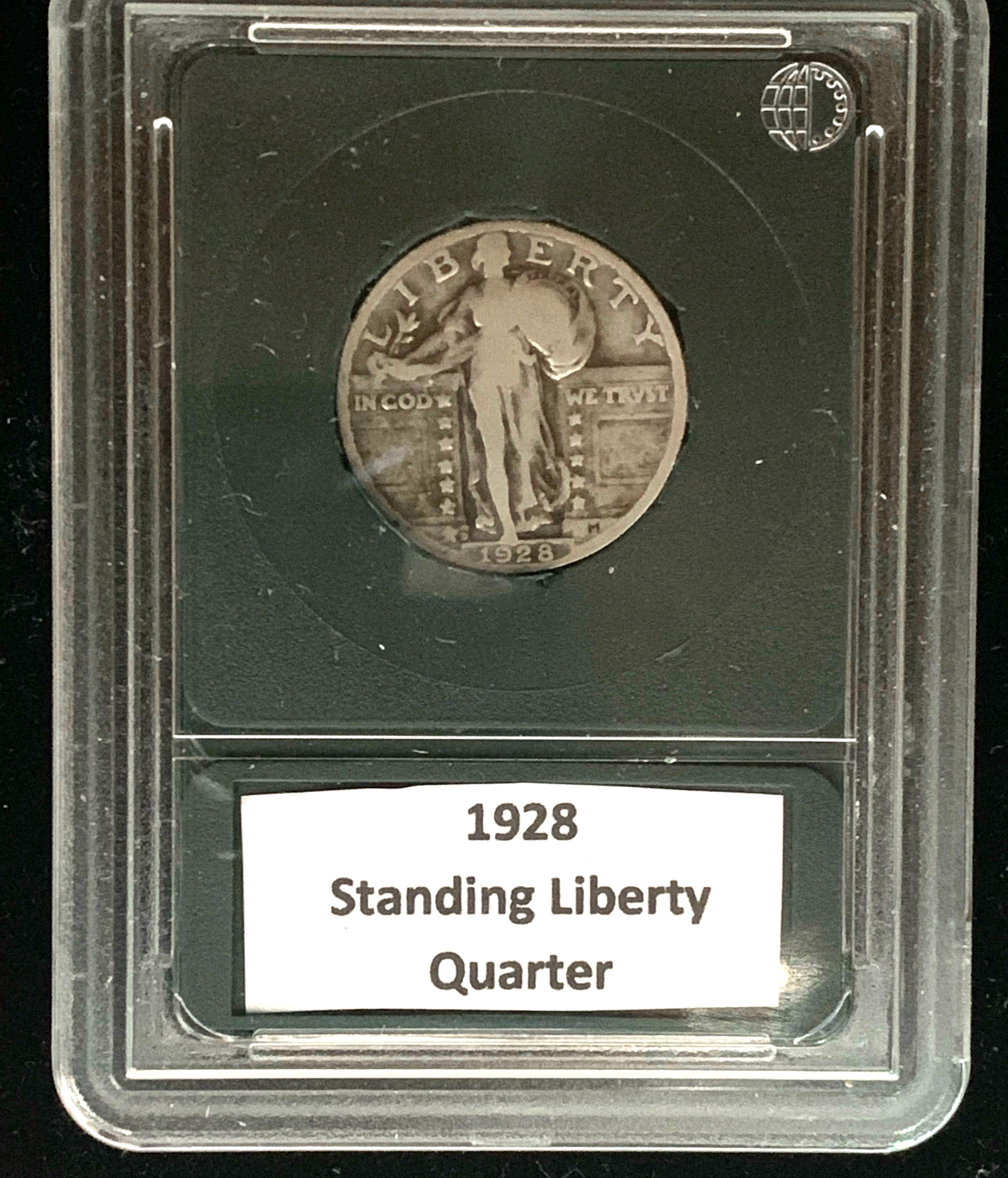 1928 SILVER STANDING LIBERTY QUARTER IN SLAB, NICE DETAIL | Property Room