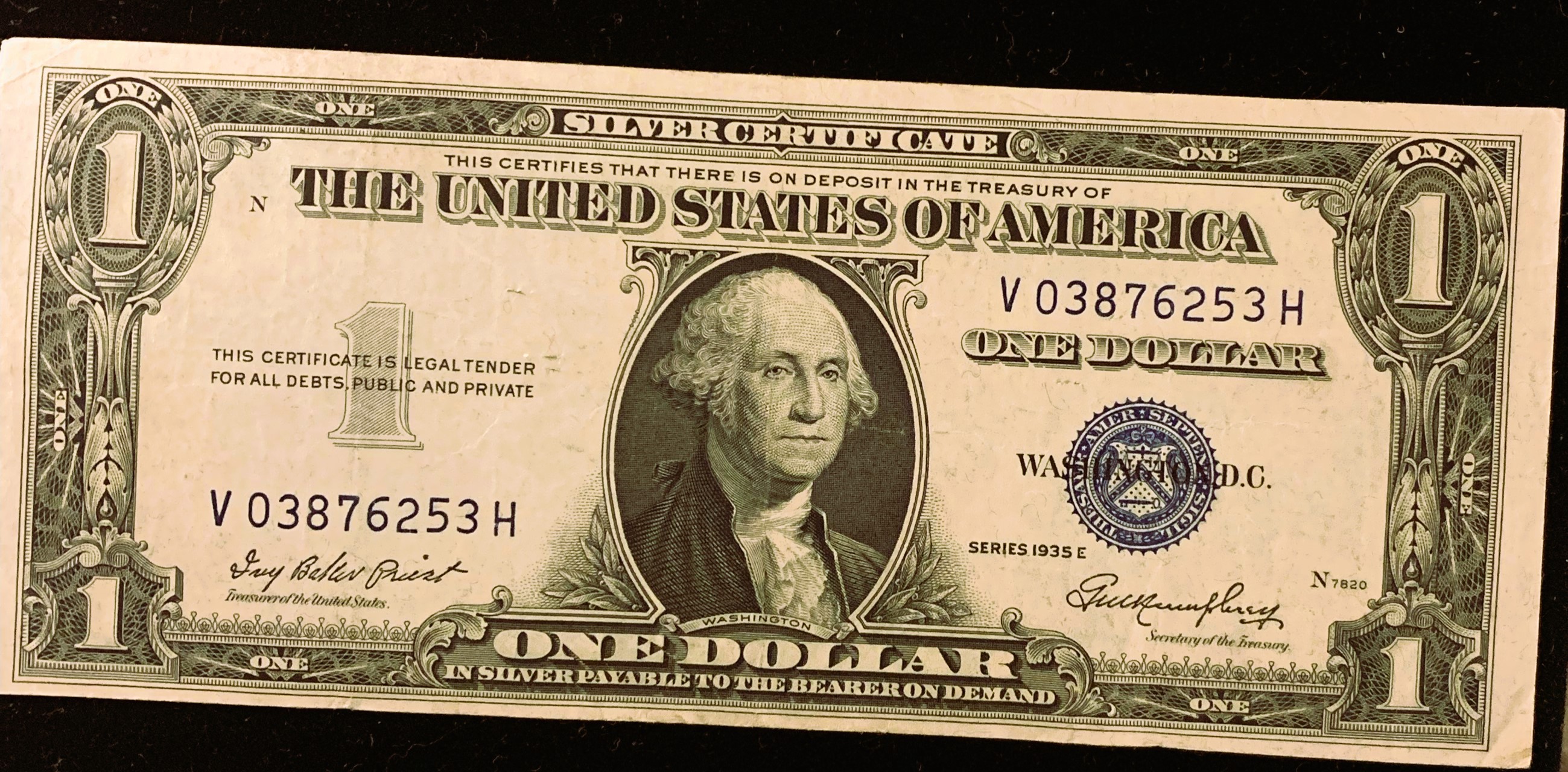 SILVER CERTIFICATE SERIES 1935 E ONE DOLLAR NOTE, NICE IN SLEVE ...
