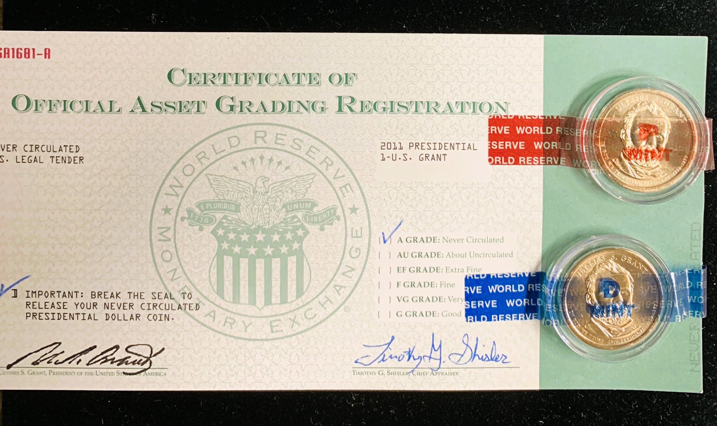 OFFICIAL ASSET GRADING CERT., 2 US GRANT UNCIRCULATED GRADE A DOLLAR ...