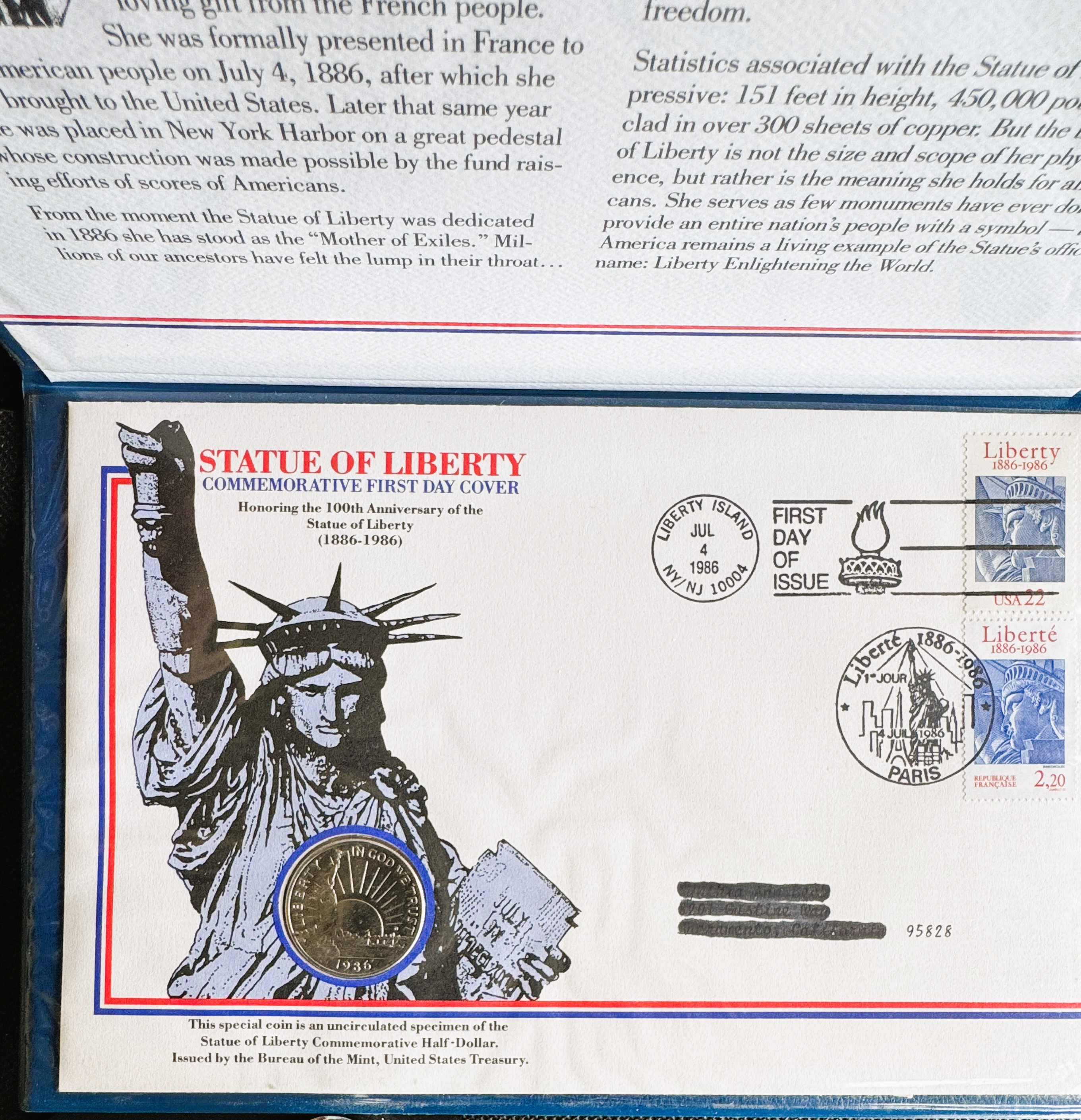 STATUE OF LIBERTY COMMEMORATIVE FIRST DAY COVER, COIN & STAMP ISSUE ...