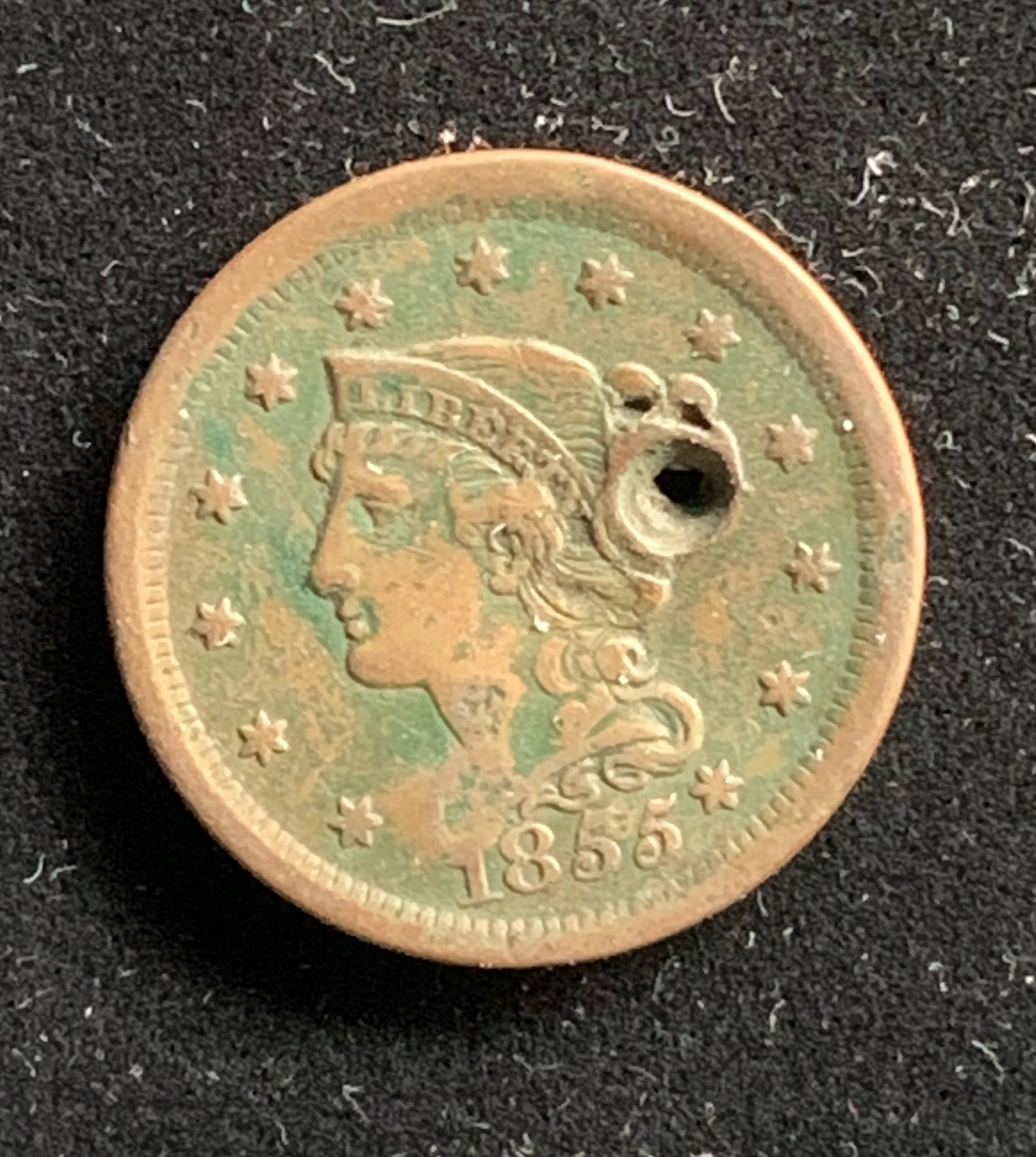 1855 LARGE ONE CENT COPPER COIN, FULL HEAD BAND AND BRAIDED HAIR ...