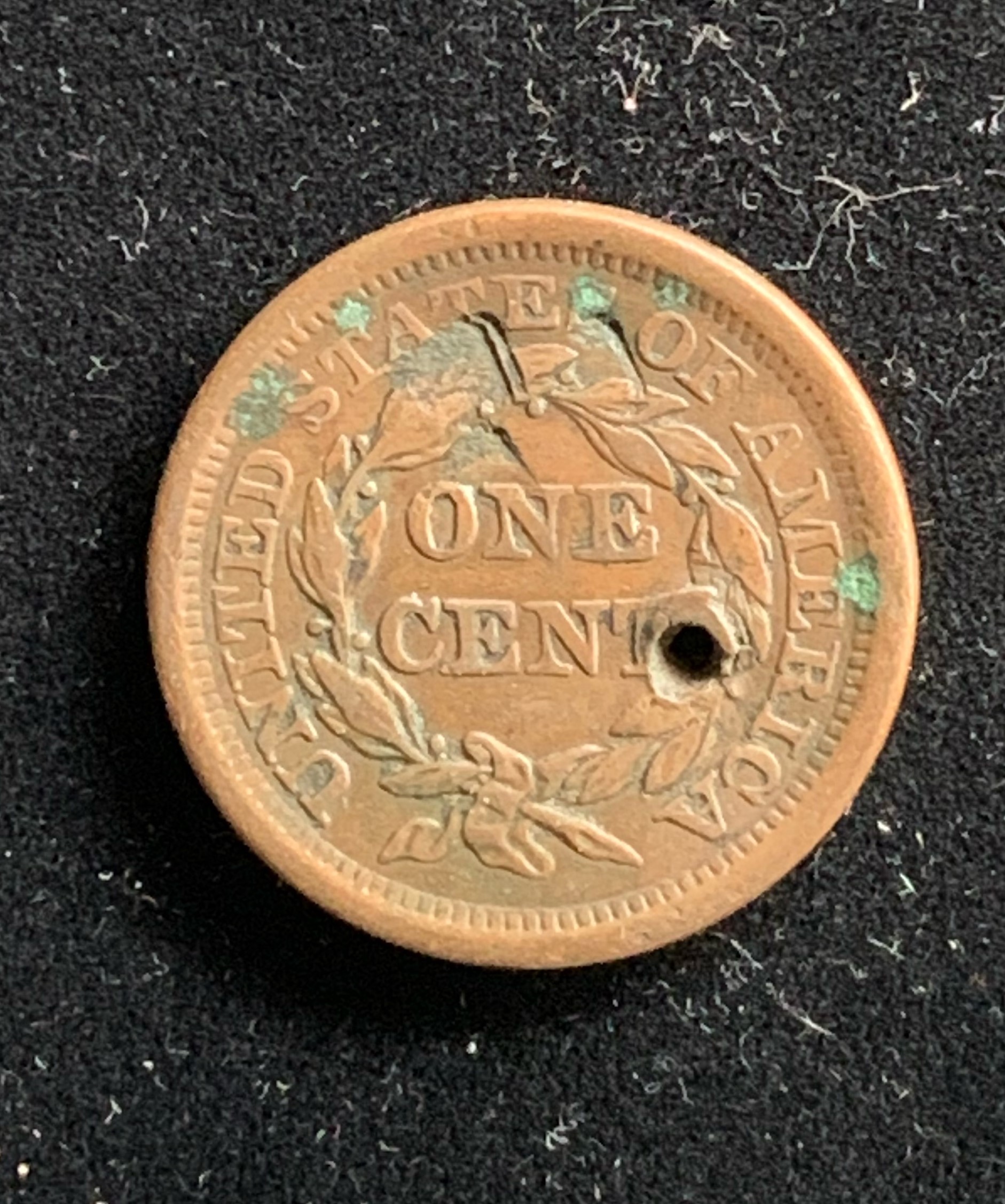 1855 LARGE ONE CENT COPPER COIN, FULL HEAD BAND AND BRAIDED HAIR ...