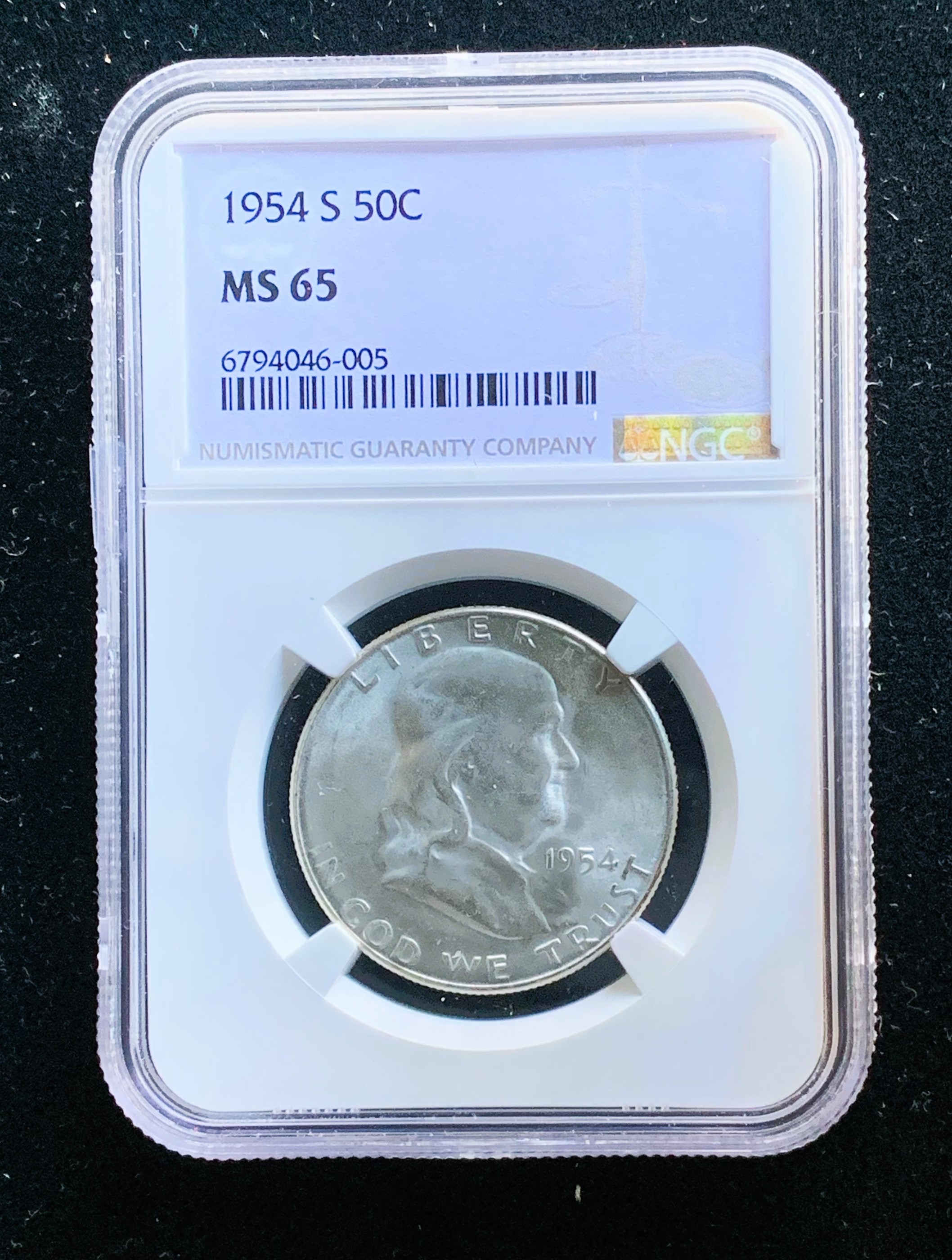 1954-S 50C, SILVER NGC GRADED MS 65 IN THE SLAB, BRIGHT SHINY ...