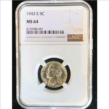 1943-S 5C NICKEL COIN, NGC GRADED MS 64, IN THE SLAB | Property Room