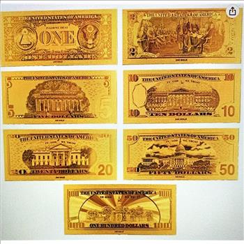 7 PCS COMPLETE SET 24 K GOLD PLATED BILLS $1, $2 $5 , $10, $20, $50 ...