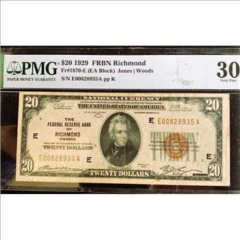 1929 SERIES $20 DOLLAR FED RESERVE BANK RICHMOND VA, PMG GRADED 30 VERY ...