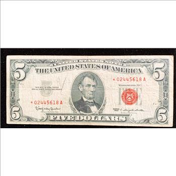 1963 SERIES $5 DOLLAR "STAR NOTE" UNITED STATES NOTE, RED SEAL IN SLEVE ...