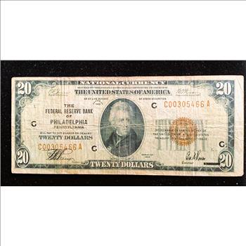 1929 SERIES $20 DOLLAR NATIONAL CURRENCY, NOTE SECURED BY US BONDS ...