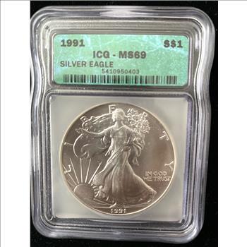 1oz SILVER EAGLE 1991 GRADED ICG-MS69 .999 FINE SILVER | Property Room