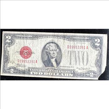 1928 D SERIES $2 DOLLAR UNITED STATES NOTE, RED SEAL, RED NUMBERS IN A ...