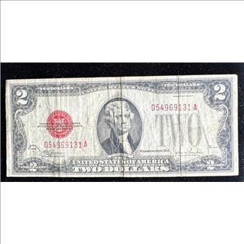 1928 F SERIES $2 DOLLAR UNITED STATES NOTE RED SEAL, RED NUMBERS IN A ...