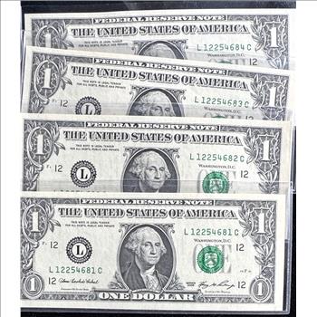4 CONSECUTIVE SERIAL NUMBERS UNCIRCULATED CRISP $1 DOLLAR BILLS IN ...