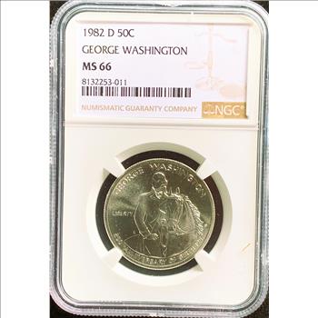 1982 D GEORGE WASHINGTON 50C, NGC GRADED MS 66 IN THE SLAB, BU ...