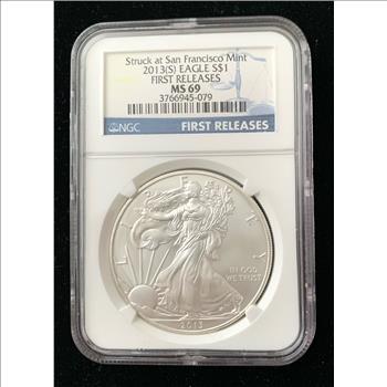 2013-S SILVER EAGLE $1 NGC MS 69 FIRST RELEASES STRUCK AT SAN FRANCISCO MINT , GEM LUSTROUS ...