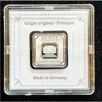 GERMANY 5g .999 PURE SILVER GEIGER EDELMETALLE BAR COIN, IN SEALED CASE ...