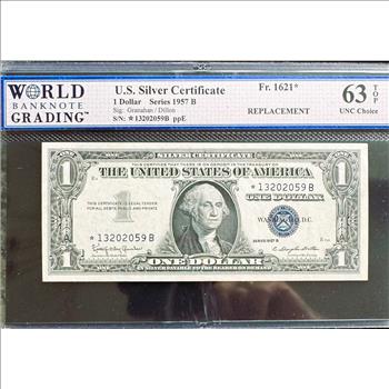 1957 B SERIES $1 DOLLAR SILVER CERTIFICATE NOTE, WBG HIGH GRADED 63 TOP ...