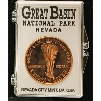 GREAT BASIN NATIONAL PARK SOUVENIR COIN, LEHMAN CAVES PARACHUTE SHIELD ...