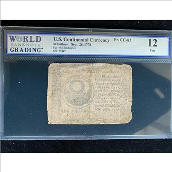 U.S. CONTINENTAL CURRENCY $30 DOLLARS SEPT. 26, 1778 WORLD BANKNOTE ...