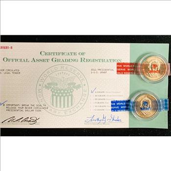 OFFICIAL ASSET GRADING CERT., 2 US GRANT UNCIRCULATED GRADE A DOLLAR ...