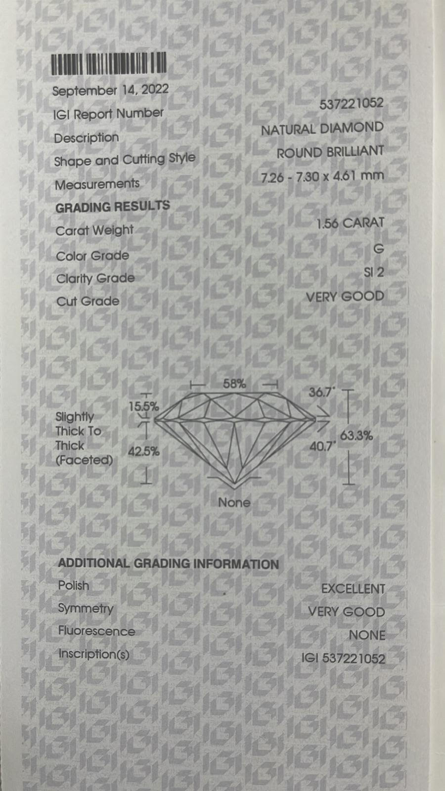 Loose Round Diamond 1.56ct IGL Certified Color G Clarity SI2 | Property ...