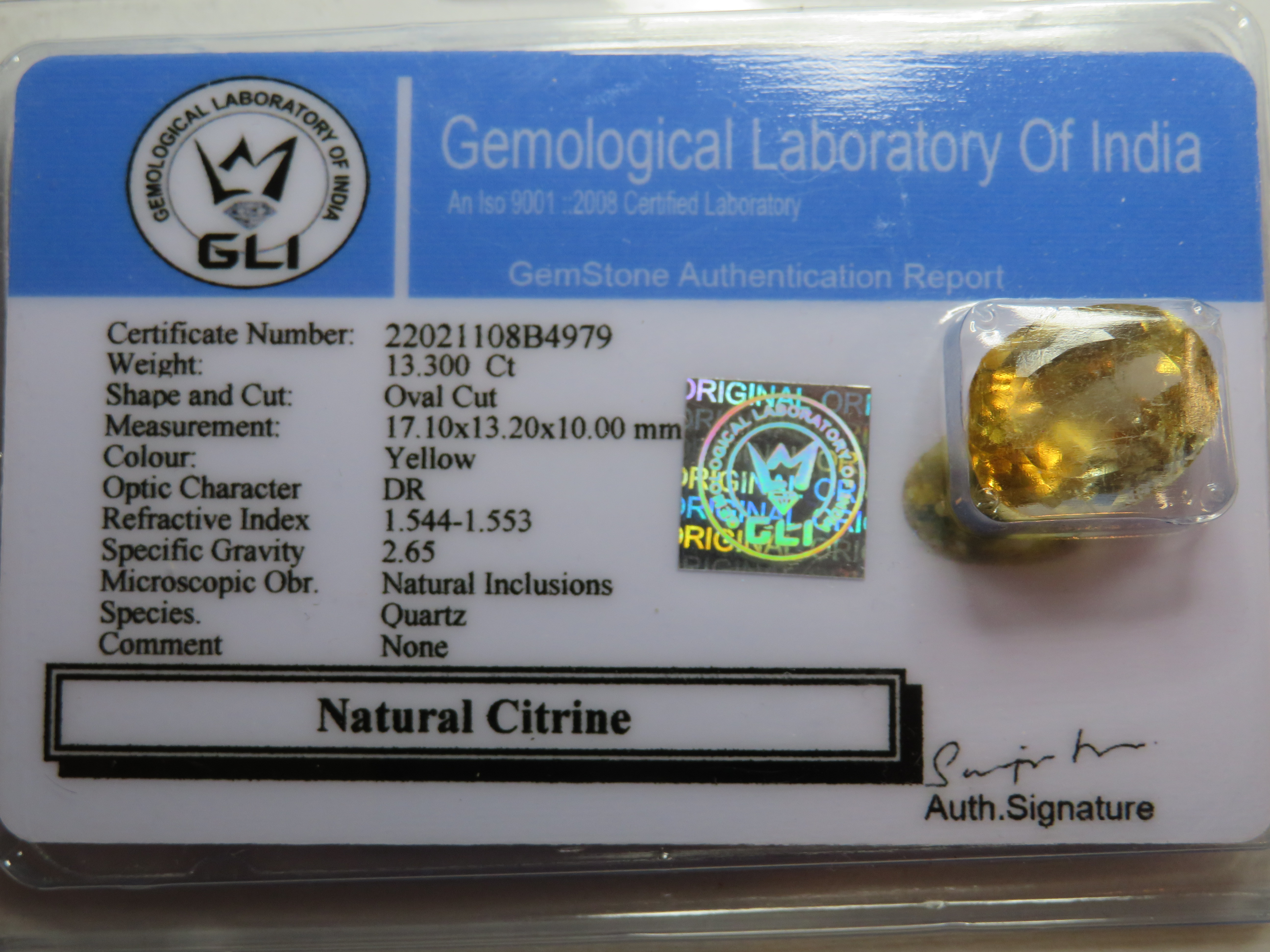 13.3 ct Natural Citrine Gemstone - With COA Card | Property Room