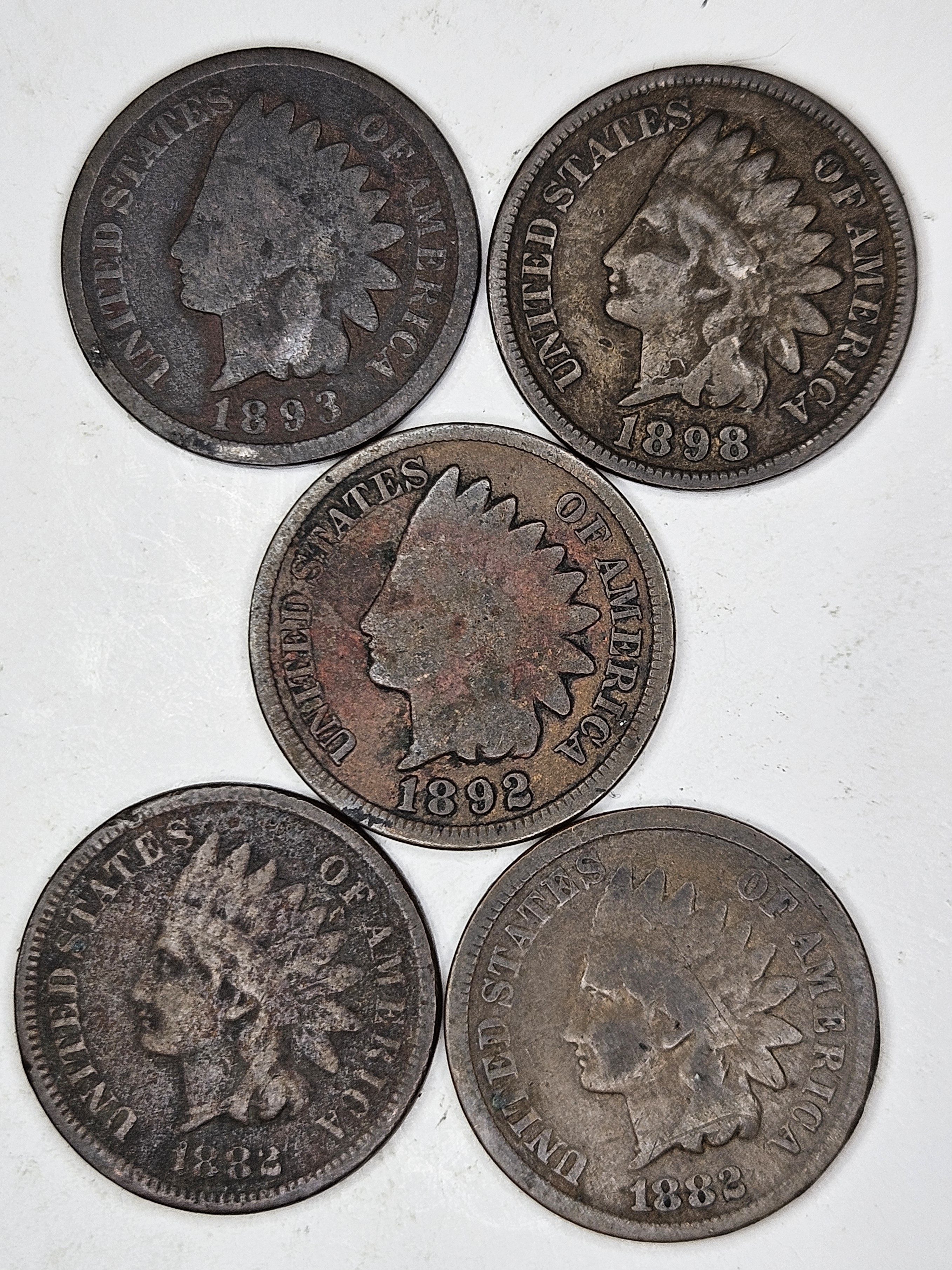 1893, 1898, 1892, 1882, 1882 Indian Head Cents- USA Coins | Property Room