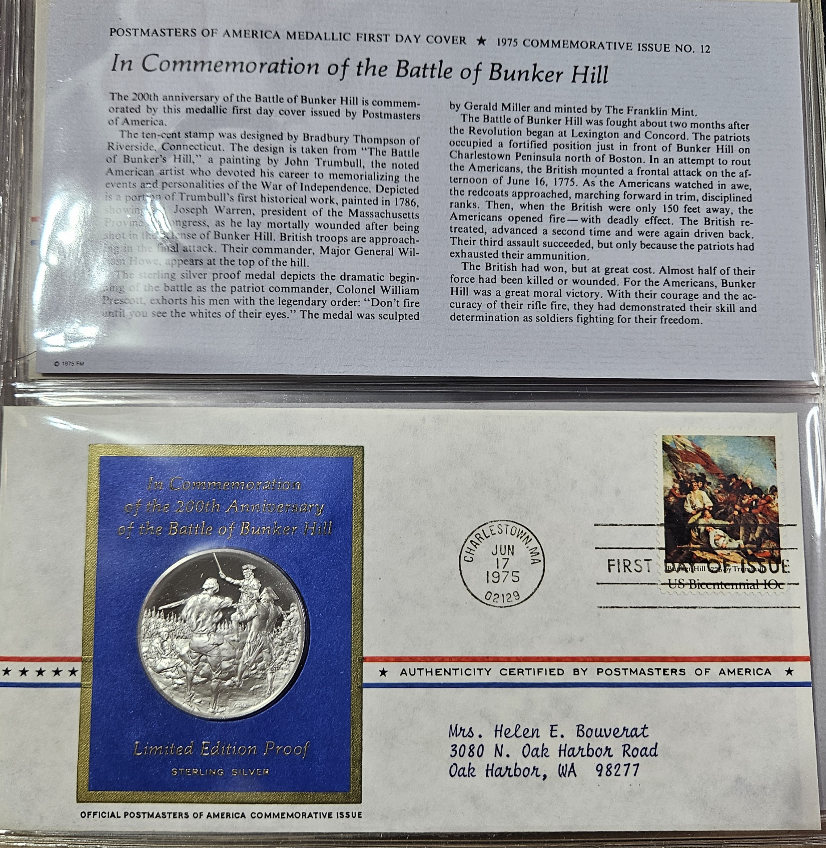 Sterling Silver Bunker Hill Proof - w/1st Day Stamp | Property Room