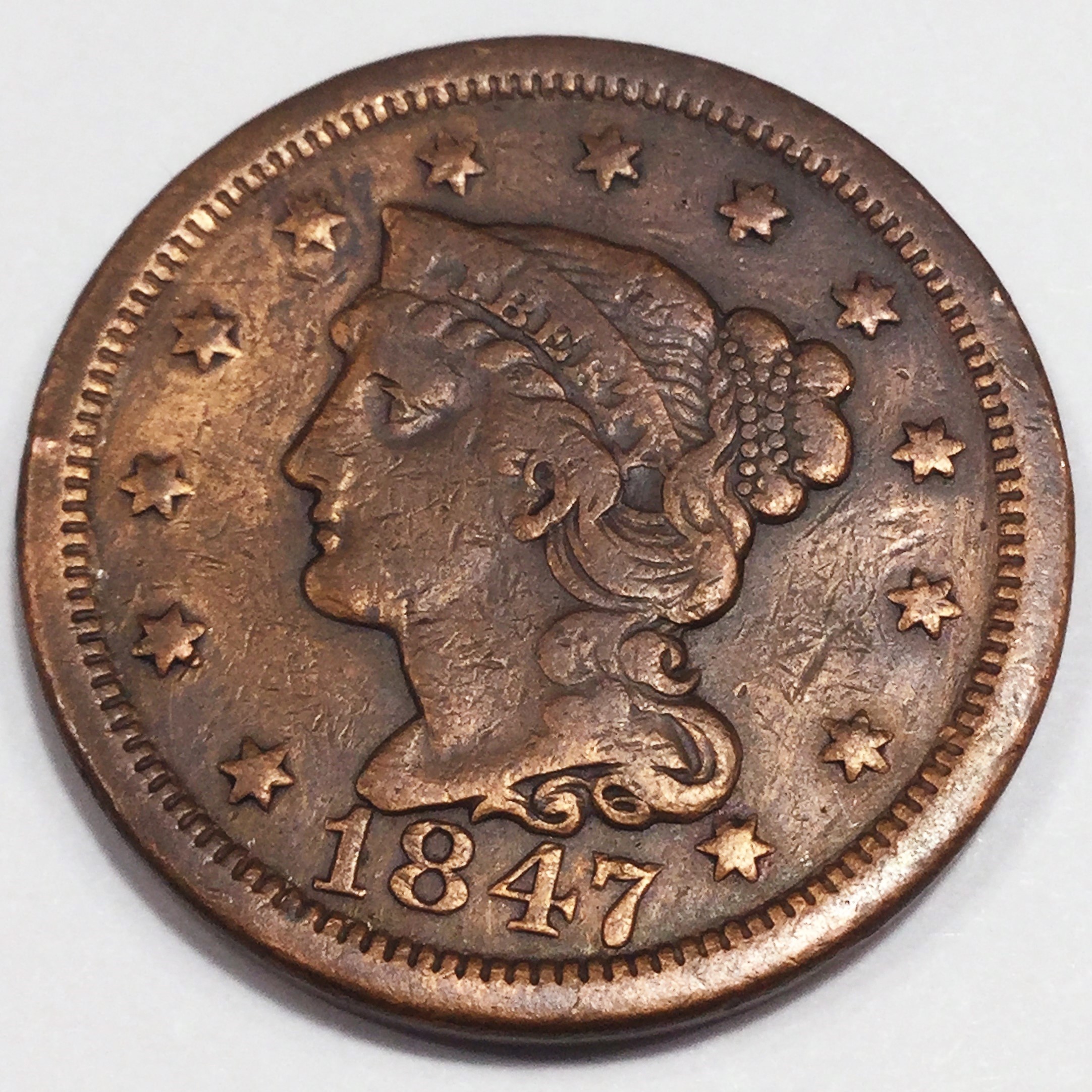 1847 Braided Hair Large Cent Beautiful High Grade Coin | Property Room