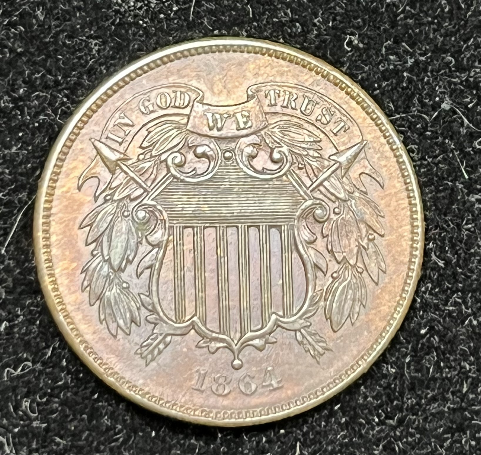 1864 2 Cent Copper Coin Large Motto Very Nice Condition with Beautiful ...