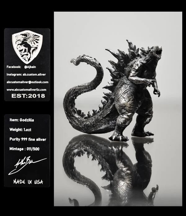 1oz Limited Godzilla Monster Hand Poured 999 Silver Statue Bar AB ...