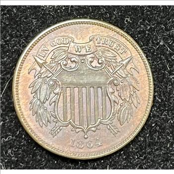1864 2 Cent Copper Coin Large Motto Very Nice Condition with Beautiful ...