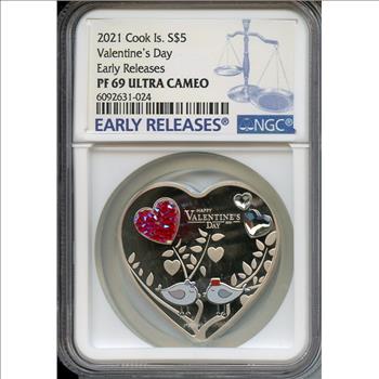 2021 Cook Island Silver Coin $5 Dollar Valentines Day Heart Crystals ...