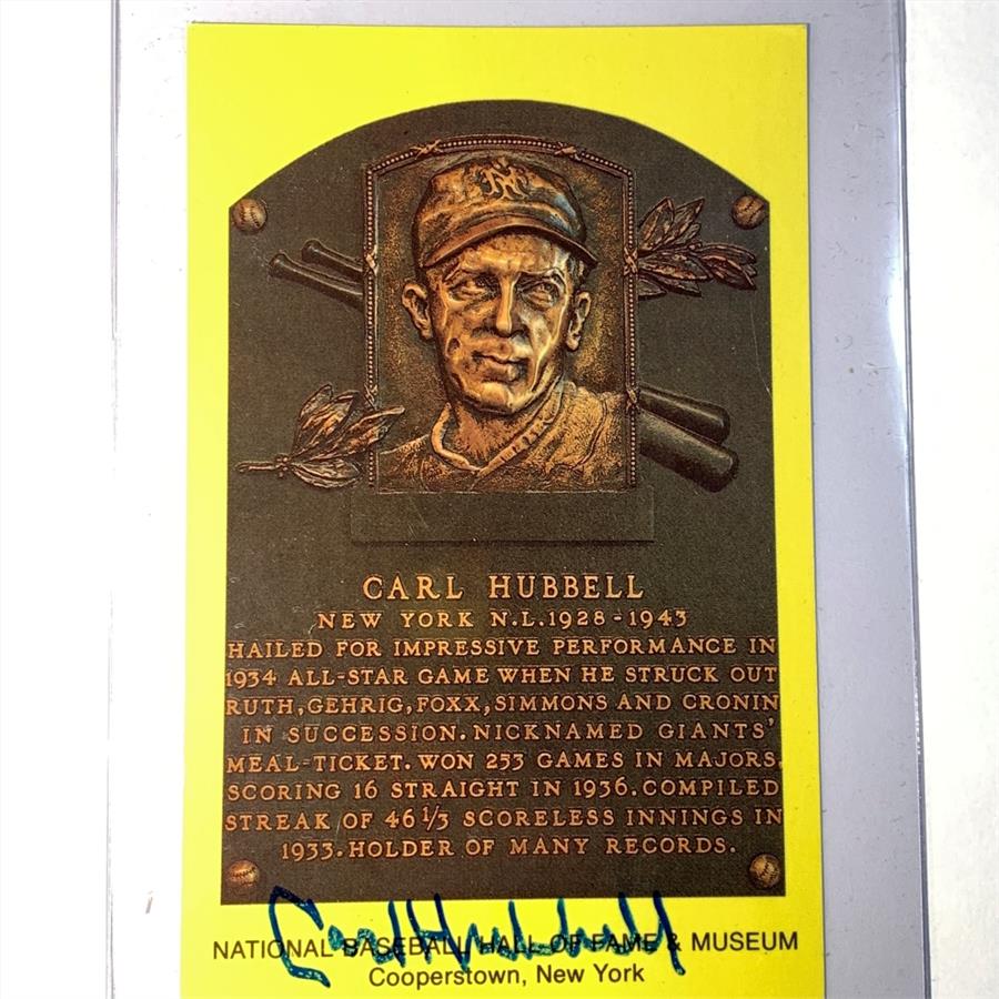 Carl Hubbell Signed Gold HOF Plaque Postcard Yellow NY Giants HOF ...